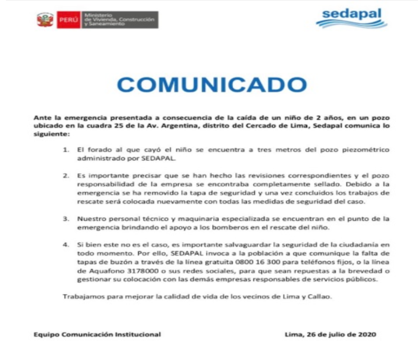 Niño de dos años que falleció tras caer a pozo en Lima Cercado: Sedapal ...