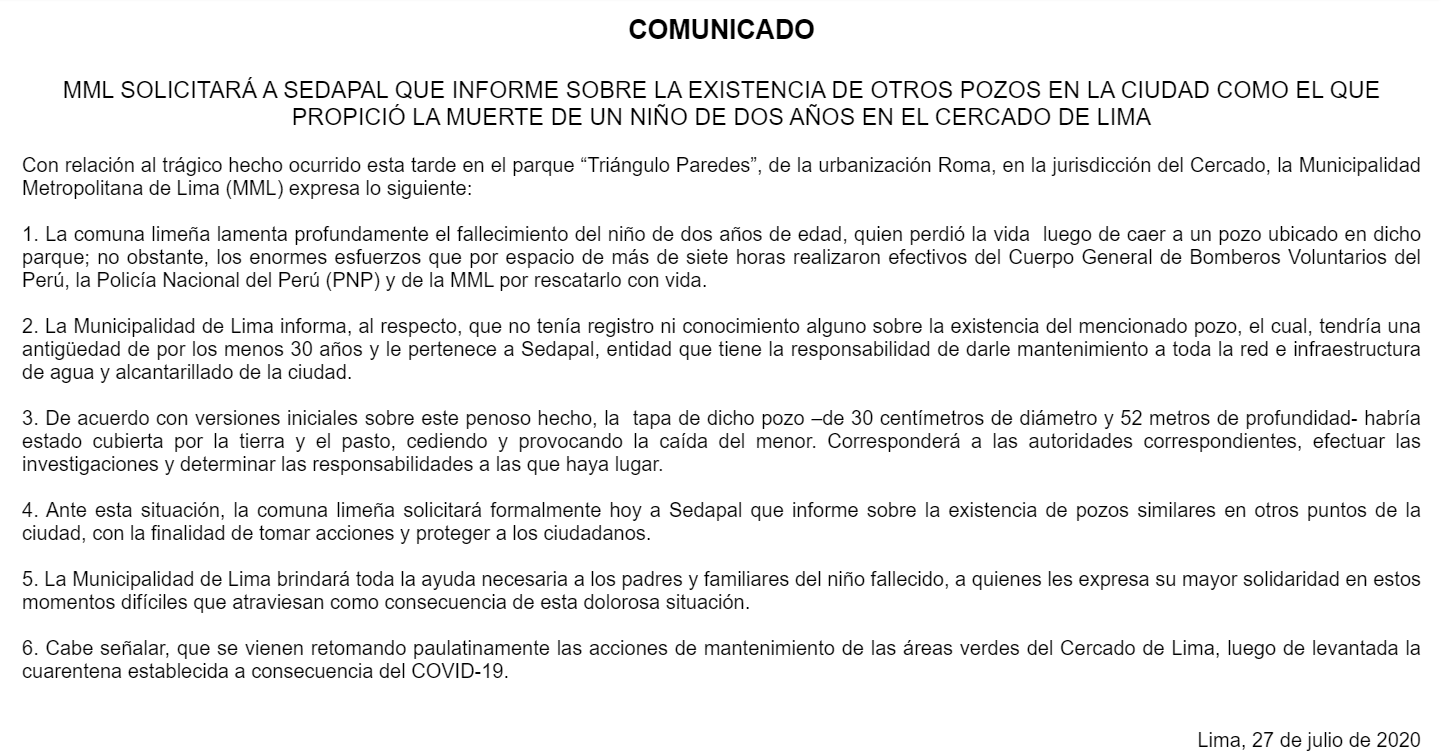 Niño de dos años que falleció tras caer a pozo en Lima Cercado: Sedapal ...